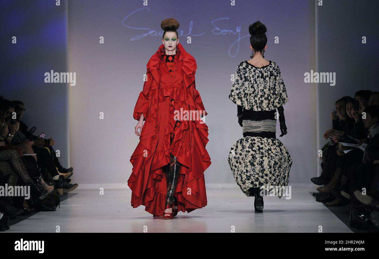 Models wear designs by Samuel Dong during Montreal Fashion Week on ...