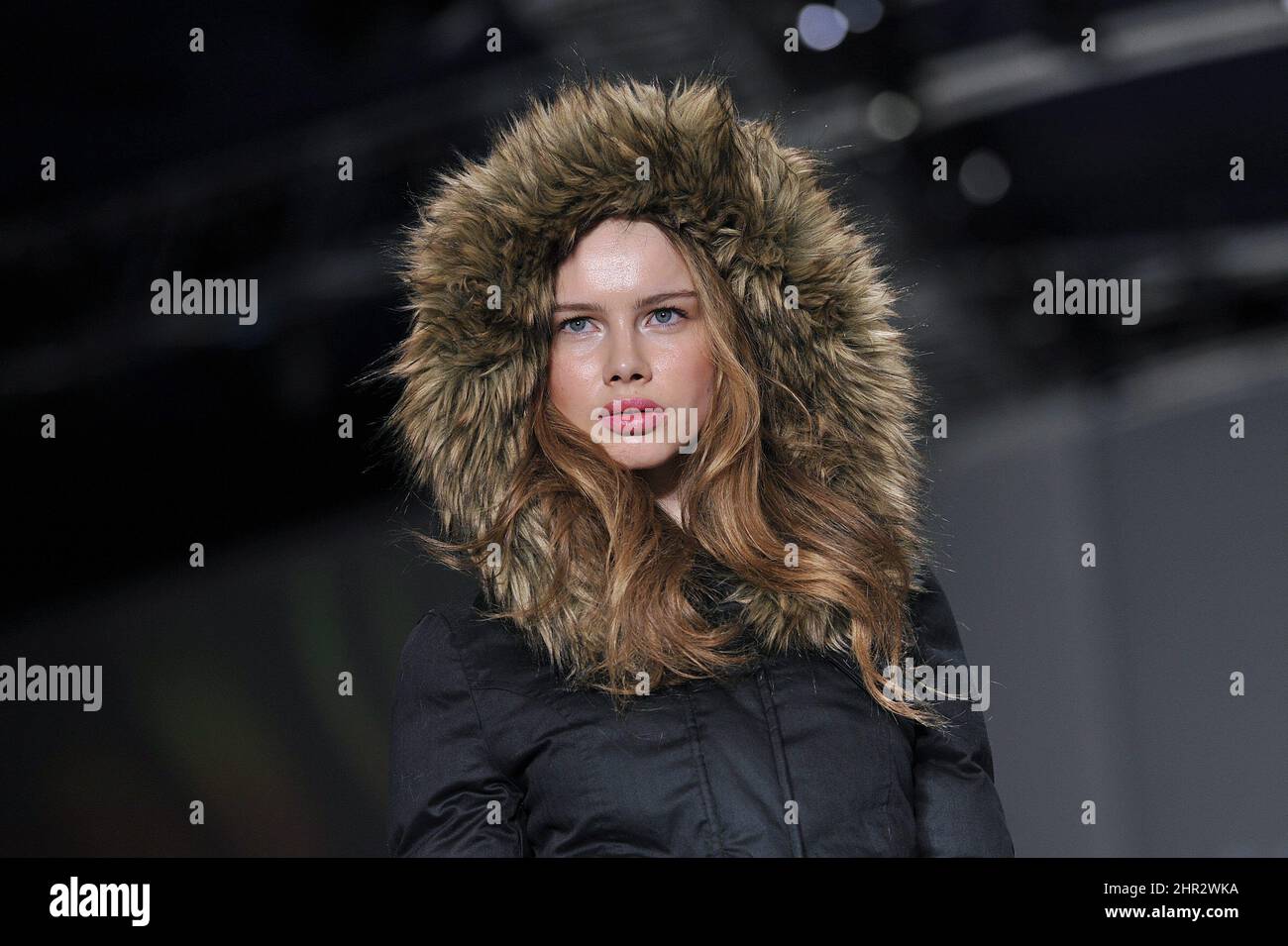 A model wears a design by Soia & Kyo during Montreal Fashion Week on ...