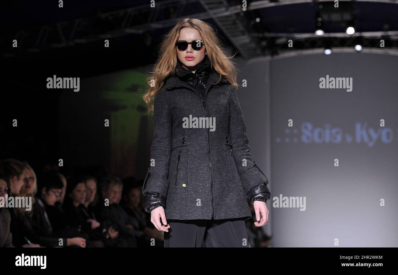 A model wears a design by Soia & Kyo during Montreal Fashion Week on ...