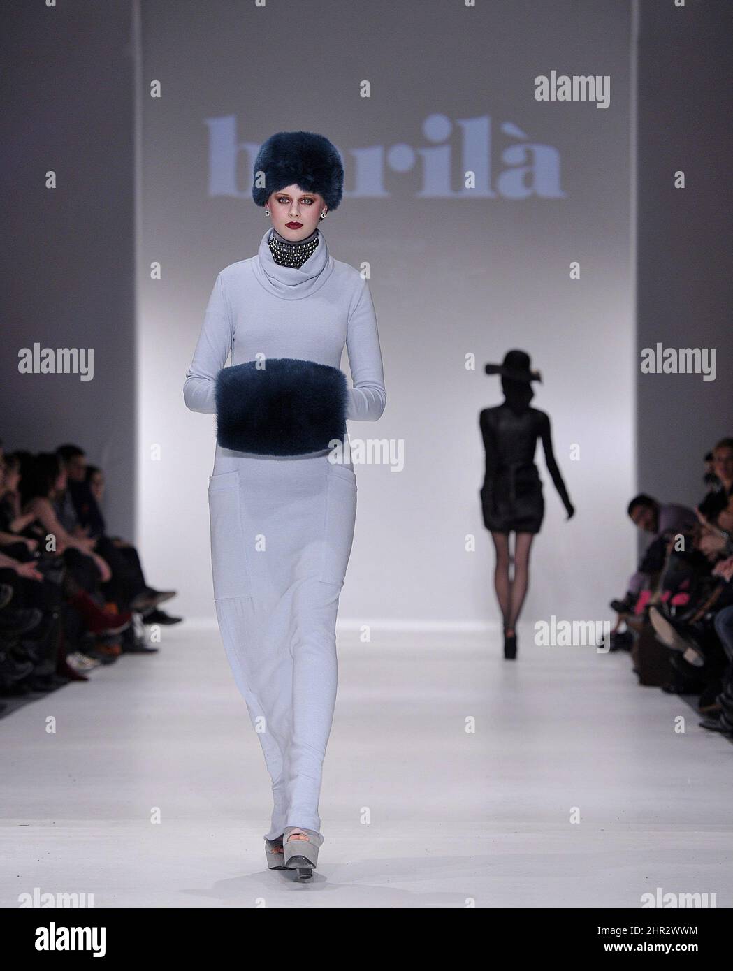 Models wear designs by Barila during Montreal Fashion Week on Thursday ...