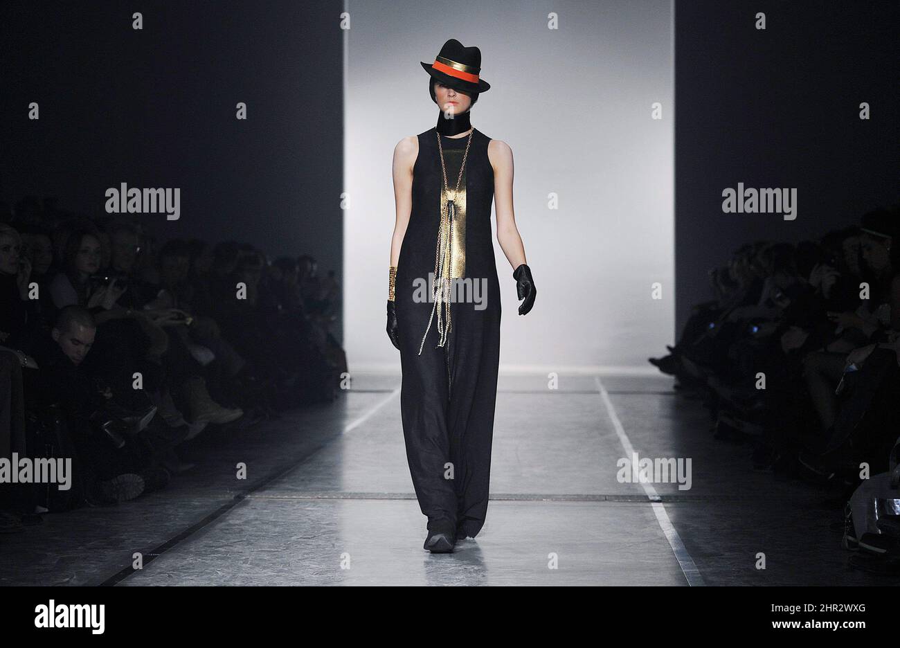 A model wears a design by Marie Saint Pierre during Montreal Fashion ...