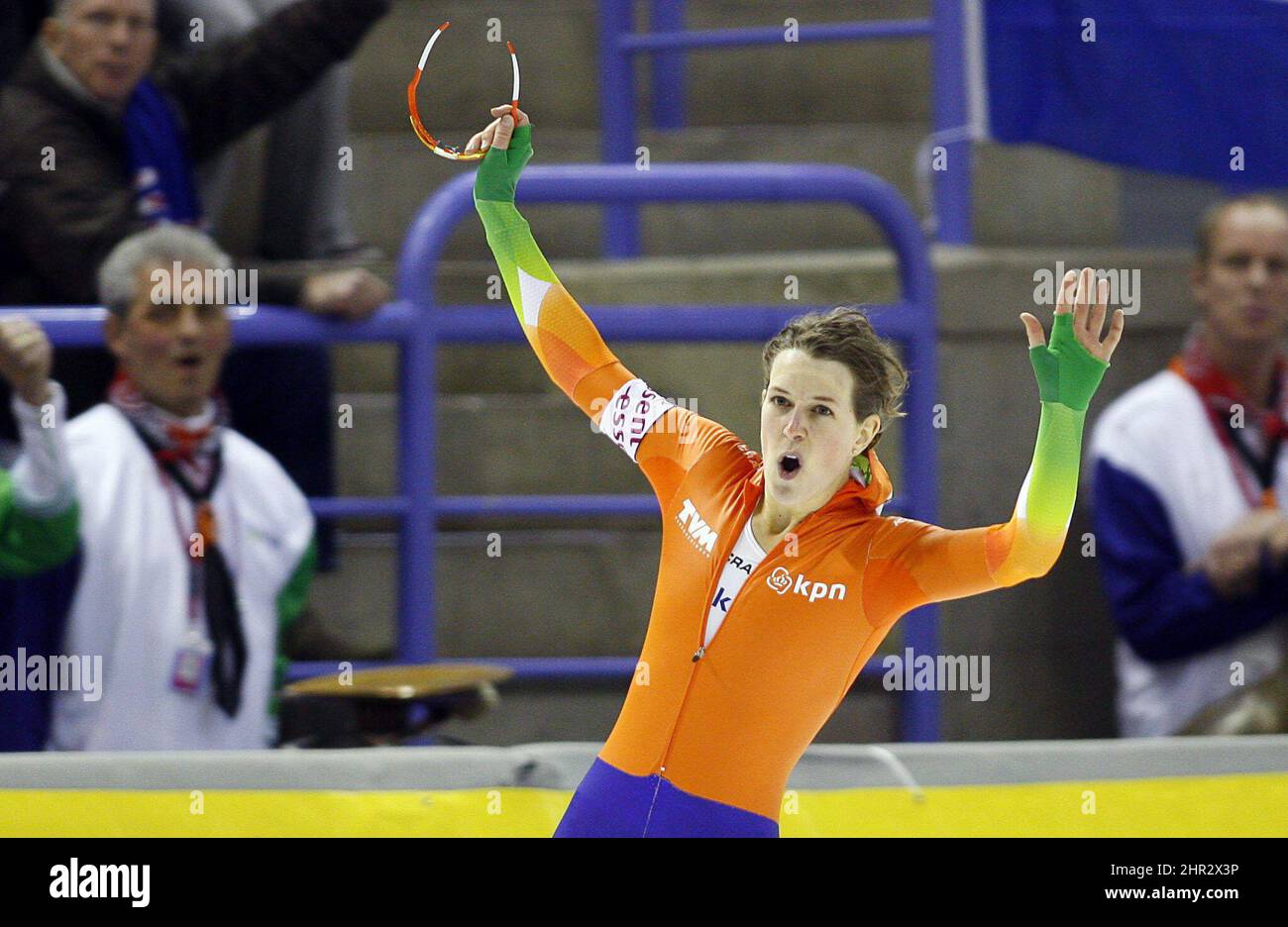 Ireen Wust, from the Netherlands, celebrates her victory during the ...