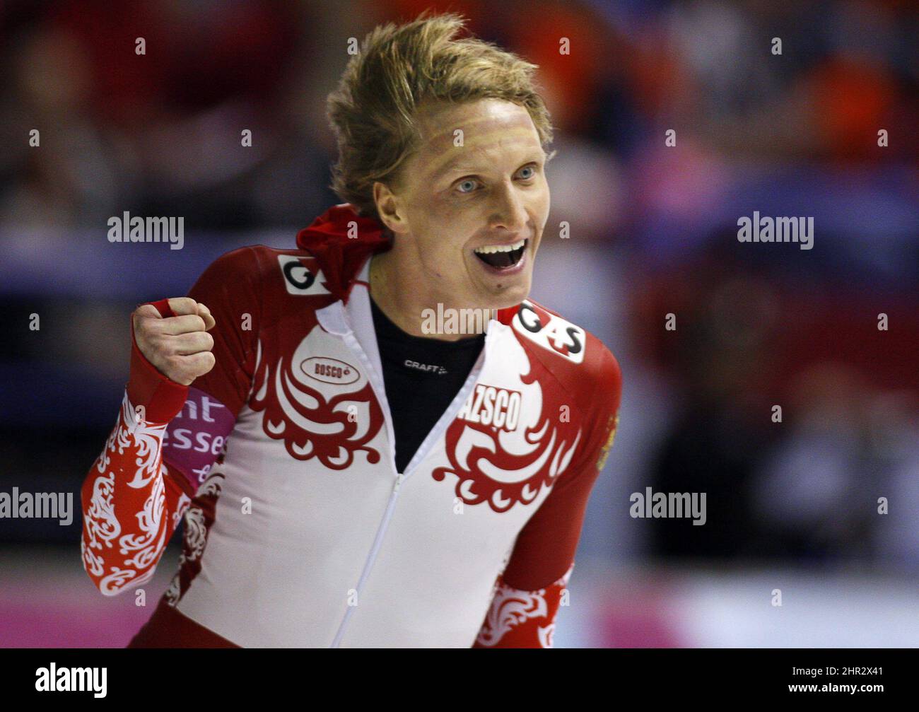 Ivan Skobrev, from Russia, celebrates his victory in the men's 1500 ...