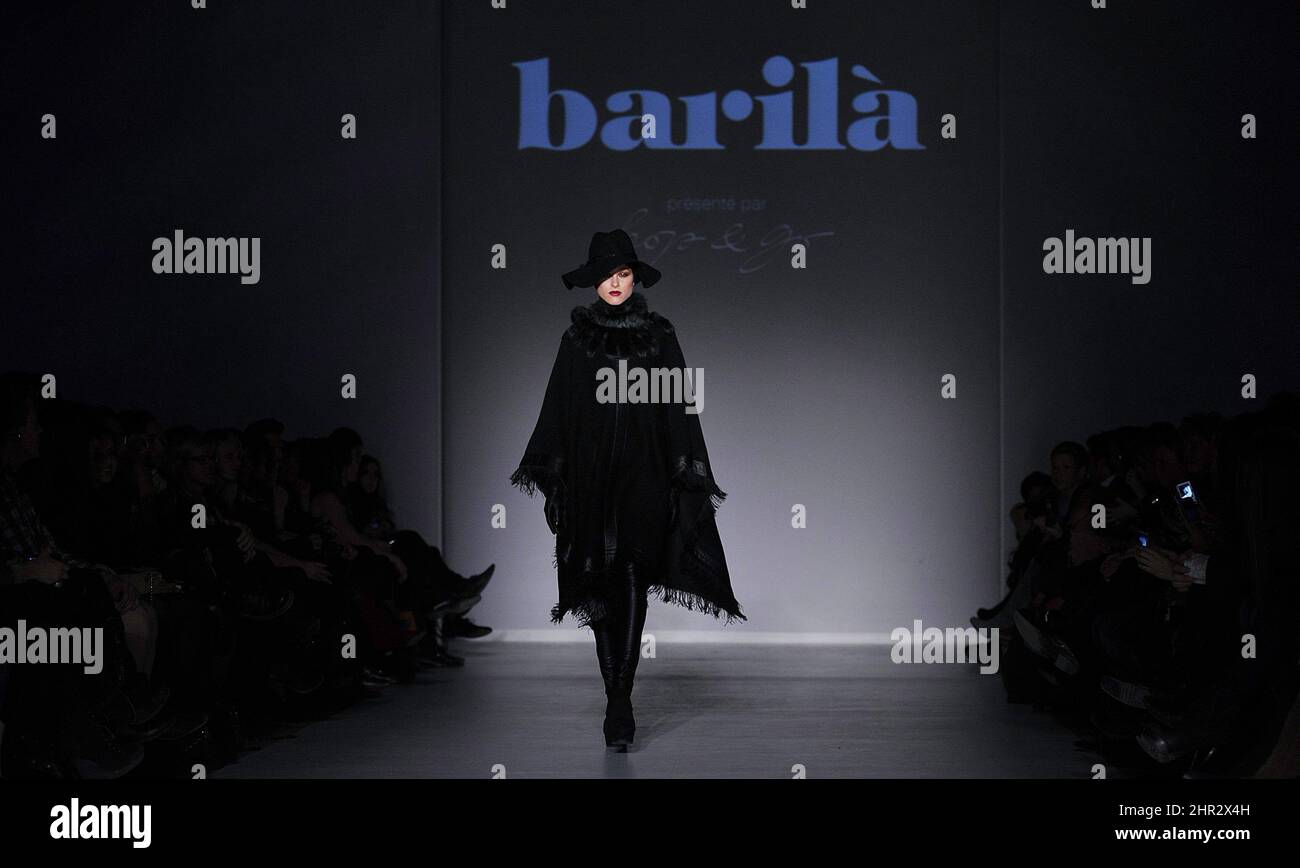 A model wears a design by Barila during Montreal Fashion Week on ...