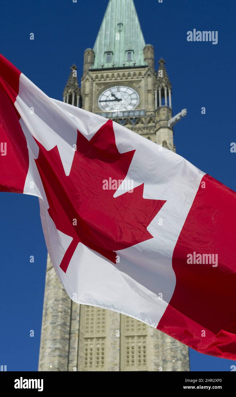 A Canadian flag flies on Parliament Hill in Ottawa Tuesday Feb. 15 ...