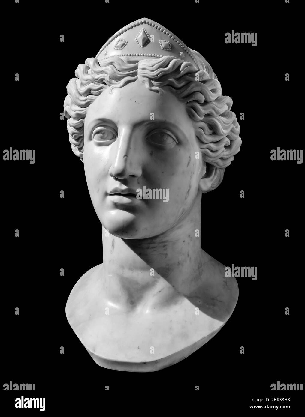 Gypsum copy of ancient statue Venus head isolated on black background ...