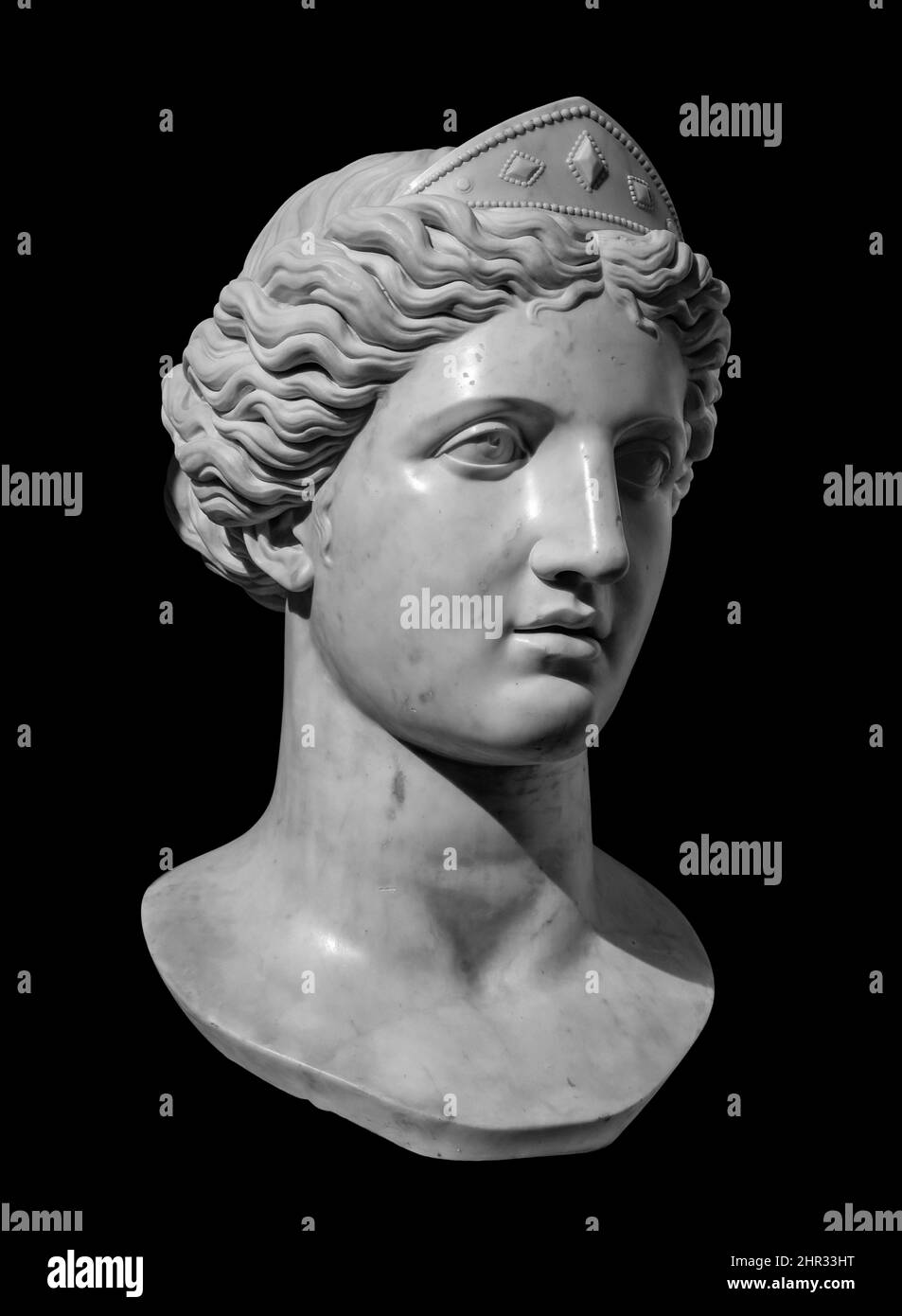 Gypsum copy of ancient statue Venus head isolated on black background ...