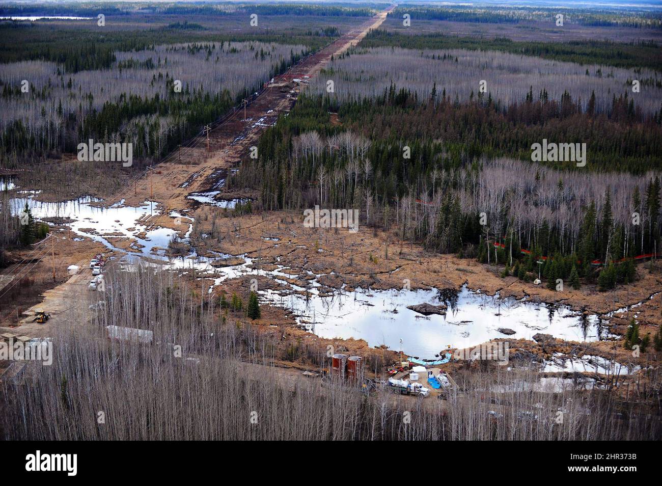 Crude oil is shown at the site of a pipeline break northeast of Peace ...
