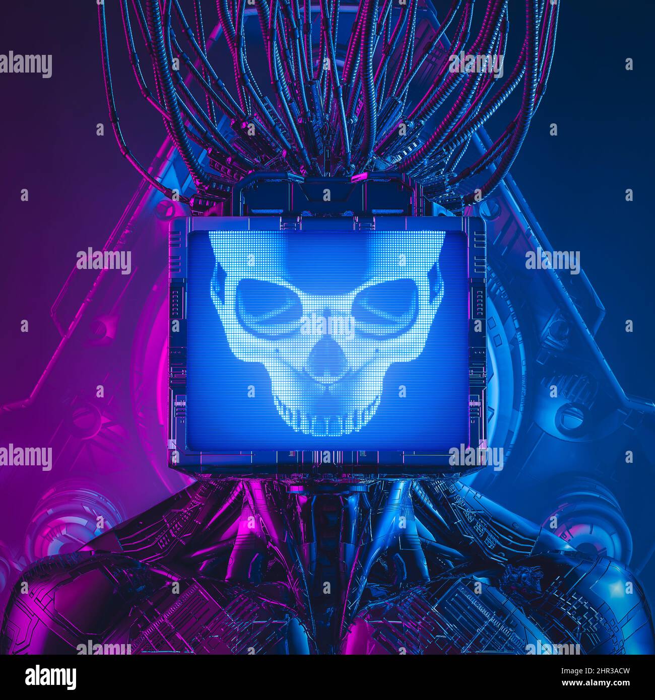 Artificial intelligence monitor head skull - 3D illustration of science ...