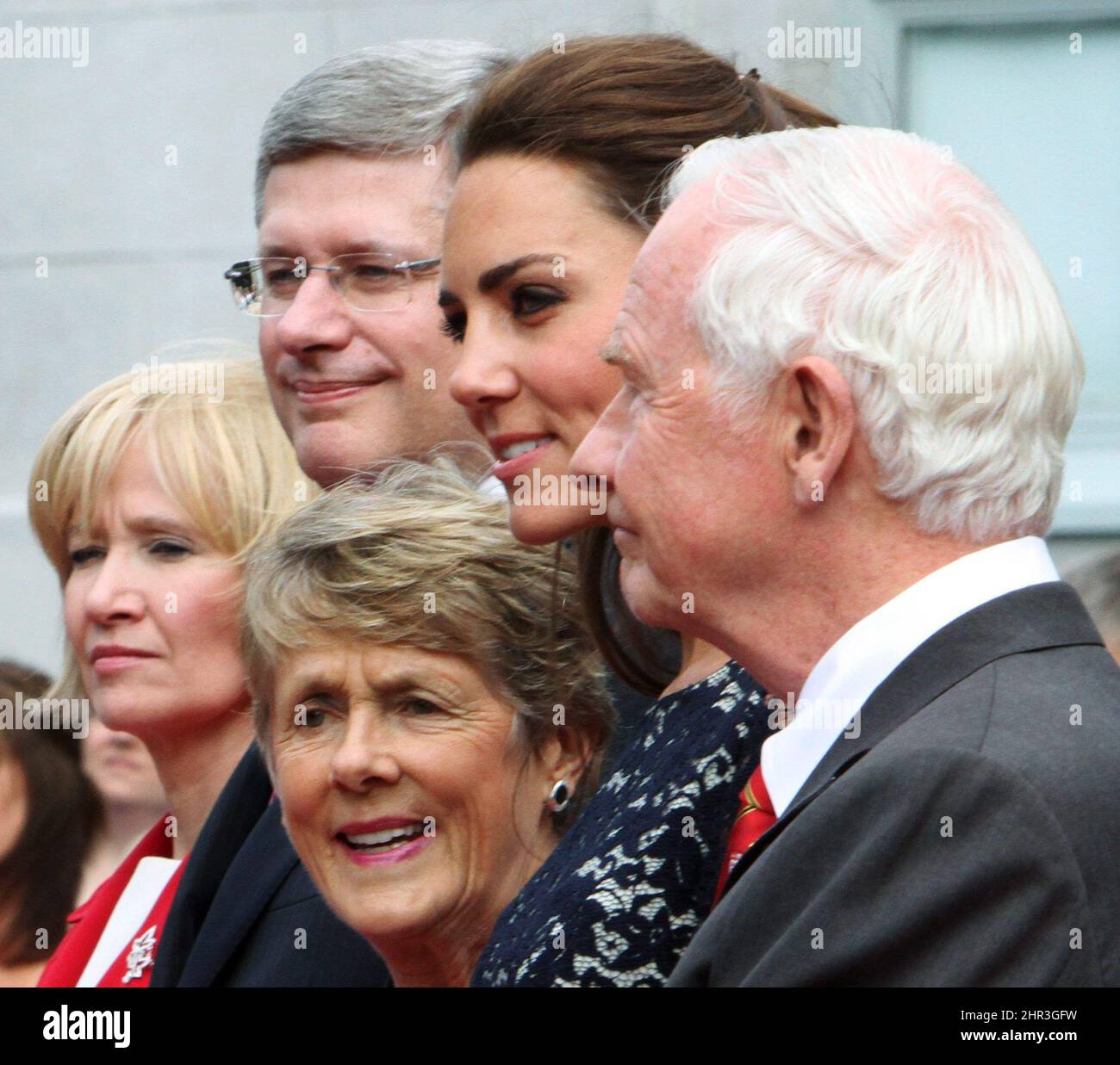 The Duchess of Cambridge laughs chats with Sharon Johnston (centre), Governor General David ...