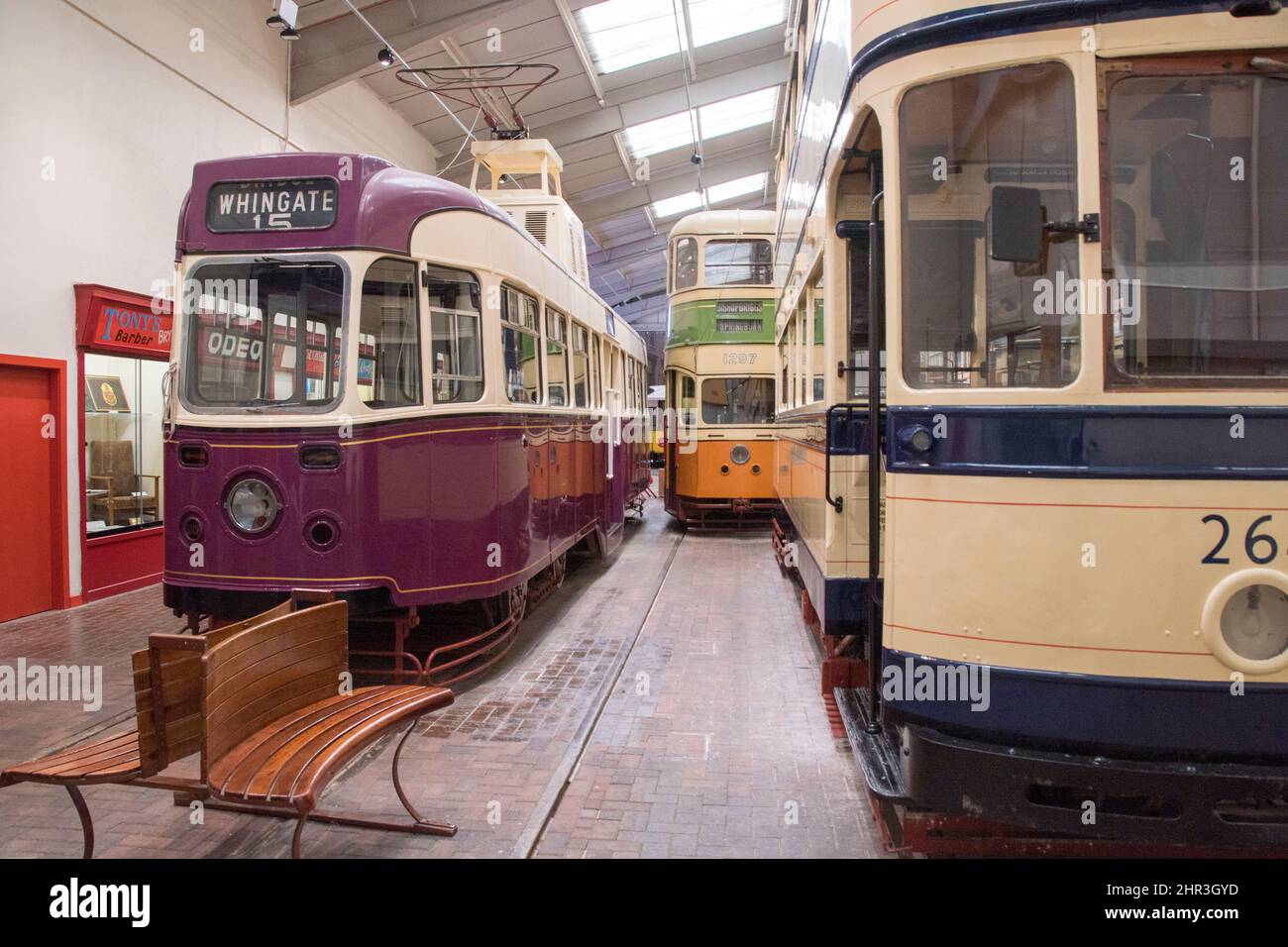 Derbyshire, UK – 5 April 2018: Vintage trams on display at the Crich ...