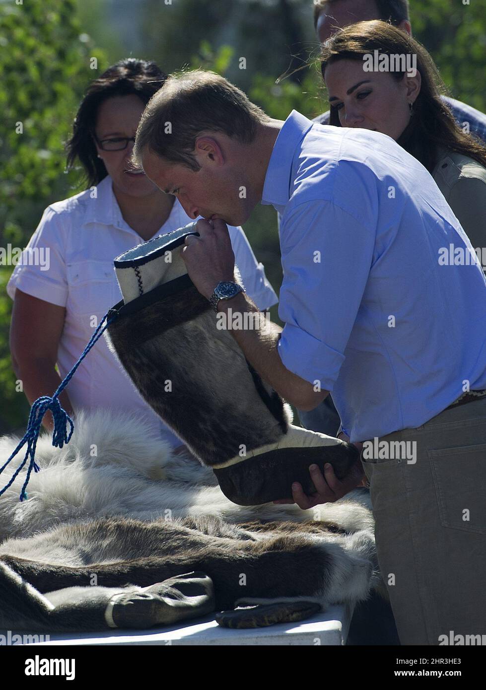 The Duke of Cambridge smells the skin from a homemade Moccasin at Lake ...
