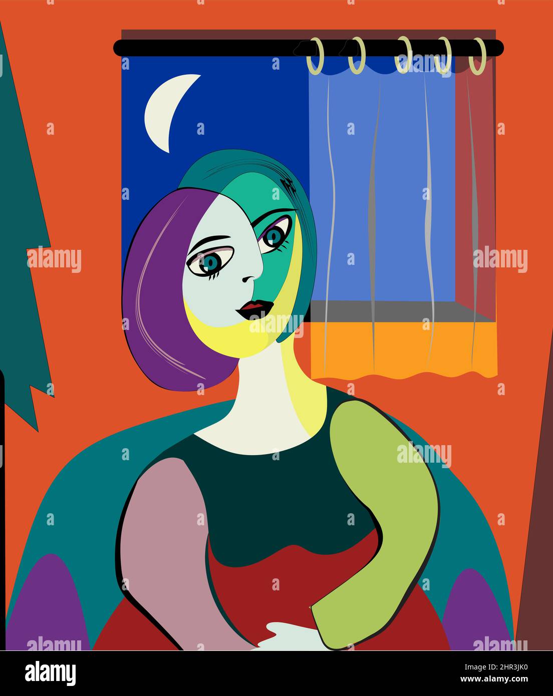 Colorful background, cubism art style,portrait of sitting woman Stock ...