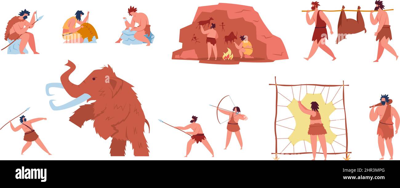Primitive people life, prehistoric characters hunting mammoth. Caveman ...