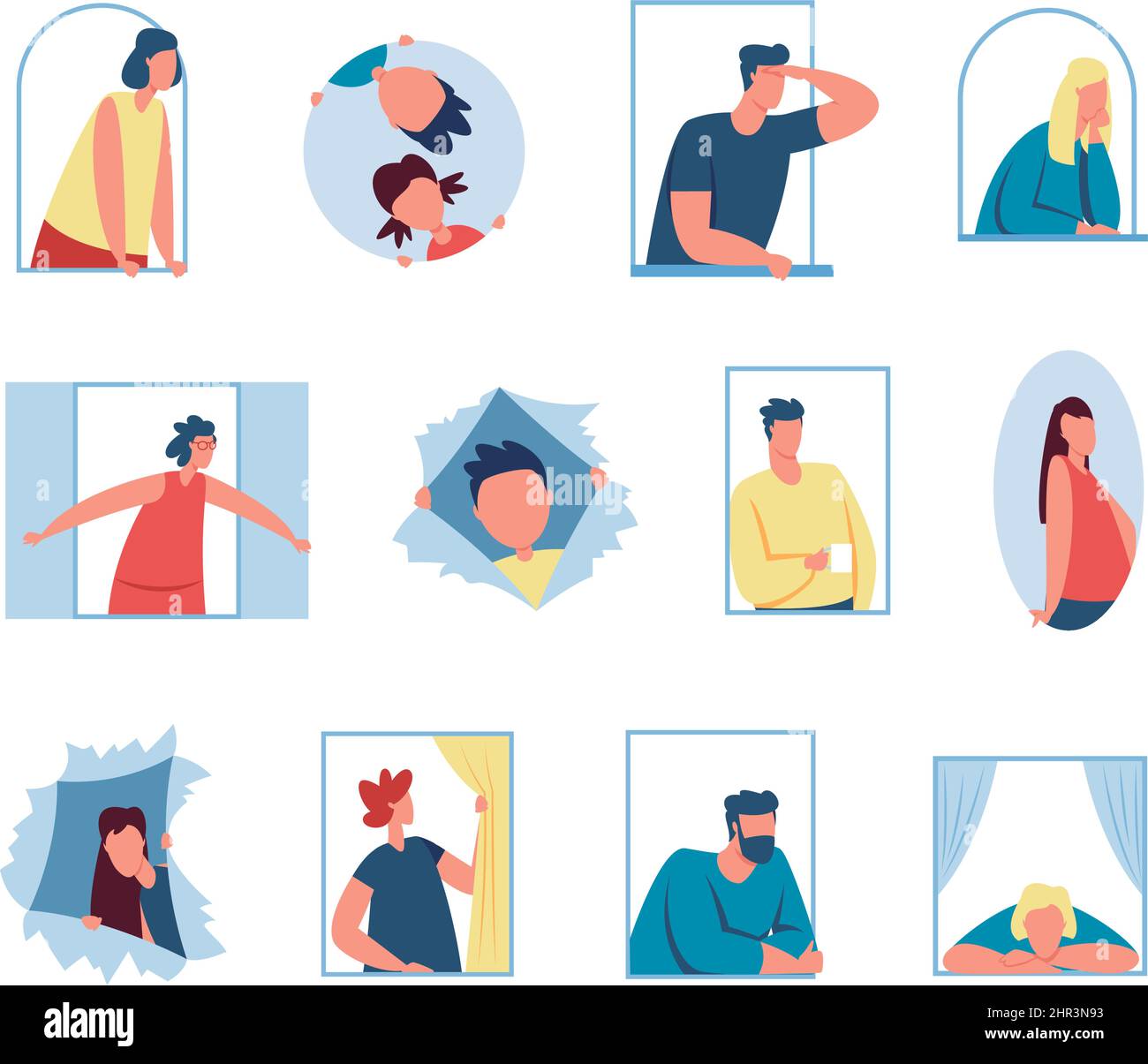 Characters looking out window, people peeping through hole in paper ...