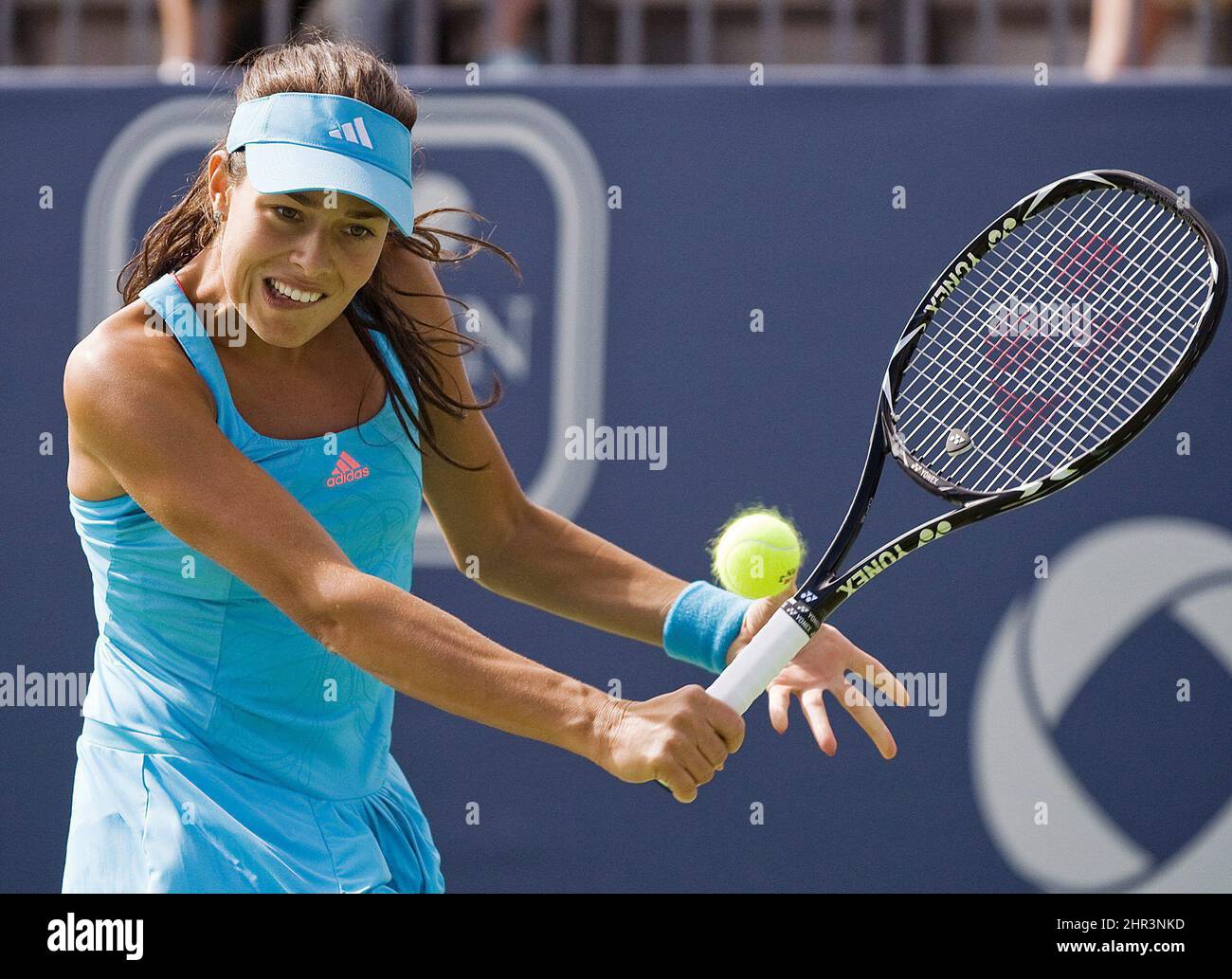 Ana Ivanovic of Serbia hits a backhand during her match against Iveta ...