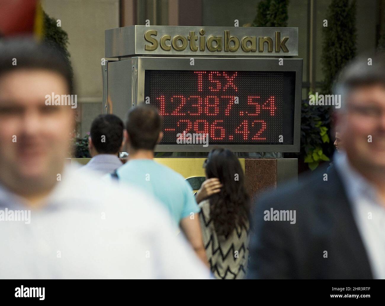 TSX closing numbers displayed on the Scotiabank display board in ...