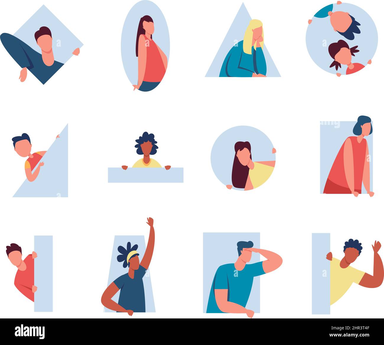 People peeping out window and peeking behind wall. Male and female ...