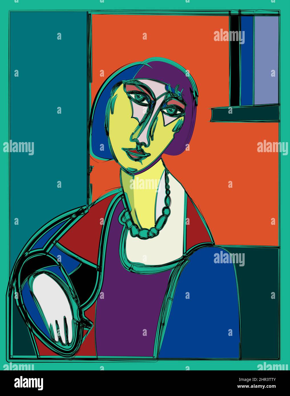 Colorful background, cubism art style,portrait of sitting woman Stock ...