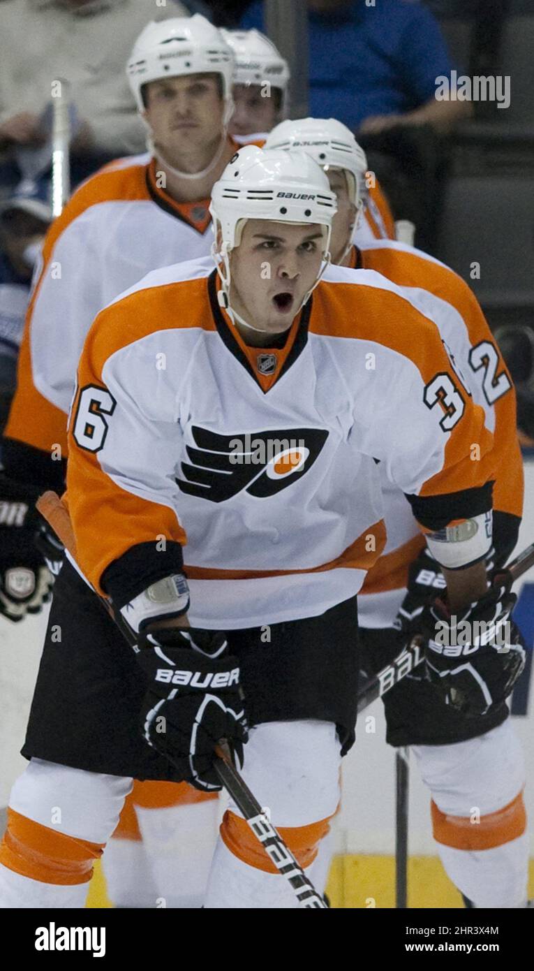Philadelphia Flyers Zac Rinaldo (centre) celebrates scoring the Flyer's ...