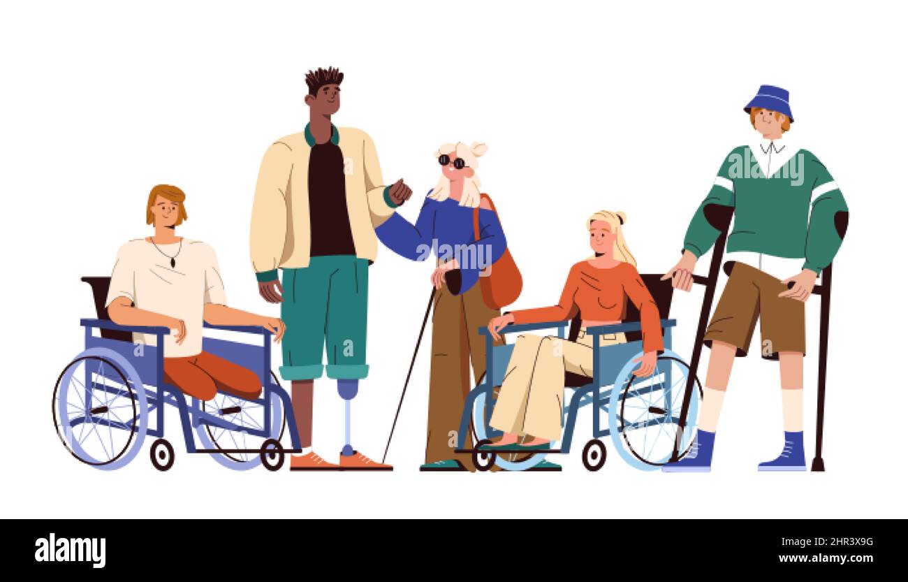 Disabled characters on wheelchair and crutches. Man with prosthetic leg ...
