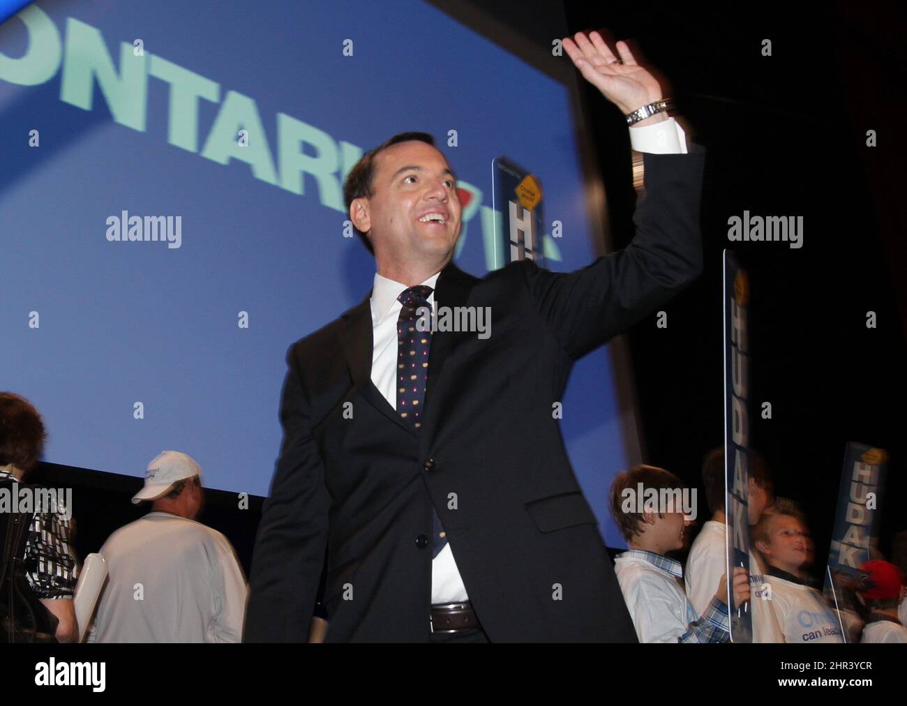 Ontario Progressive Conservative leader Tim Hudak walks on stage at his ...