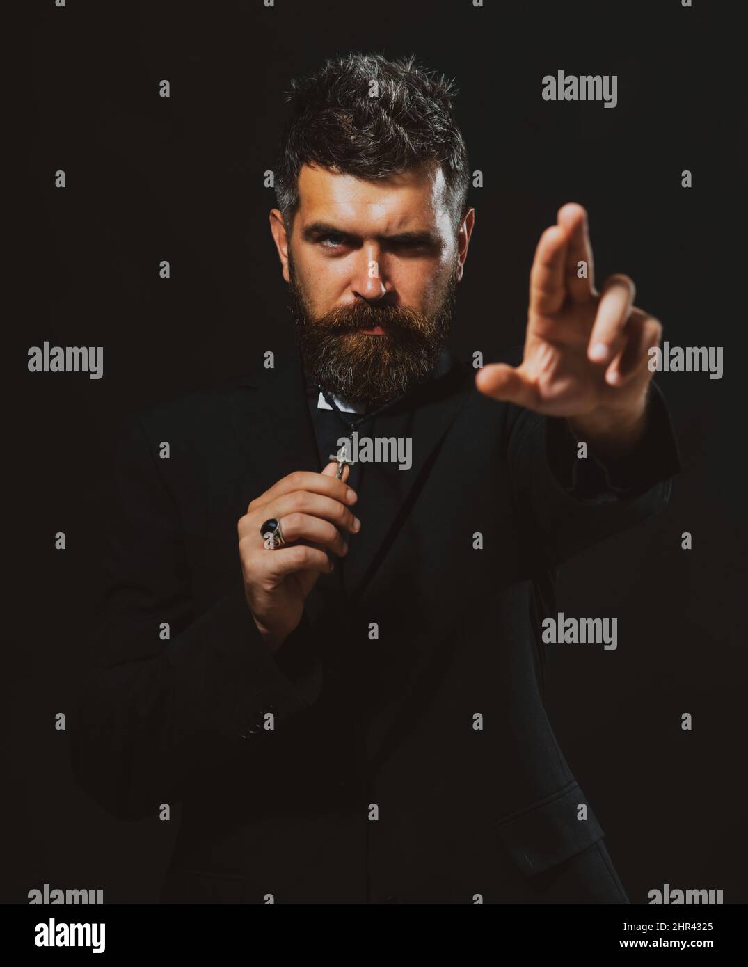 Portrait of monk with pray. Priest praying oblation. Senior religion ...