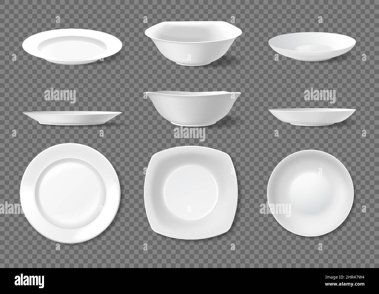 Realistic ceramic plates, empty white dishes top and side view ...