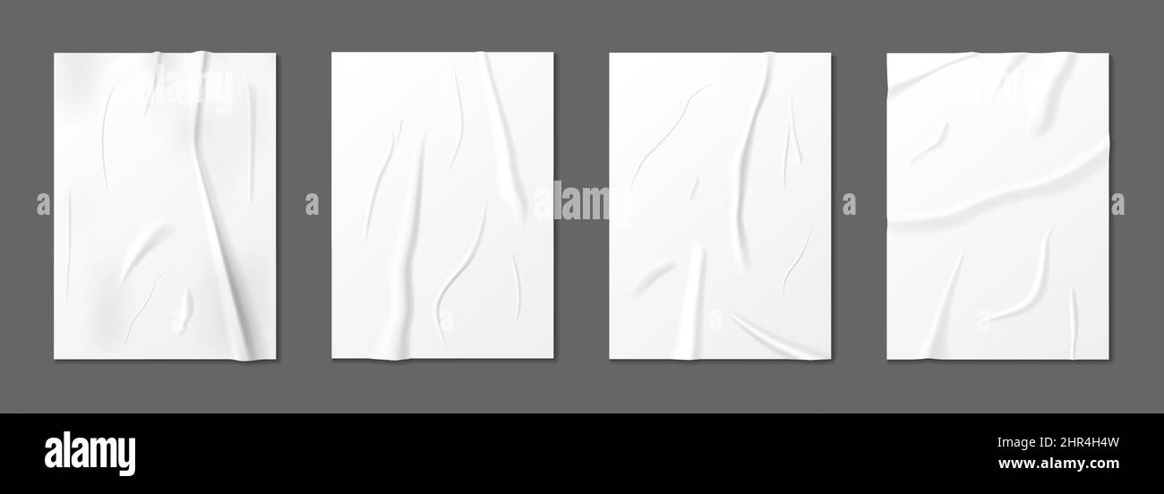 Realistic wrinkled poster mockup, crumpled wet paper posters. Blank ...
