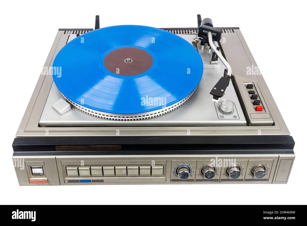 Vintage turntable record player with blue vinyl isolated on white ...