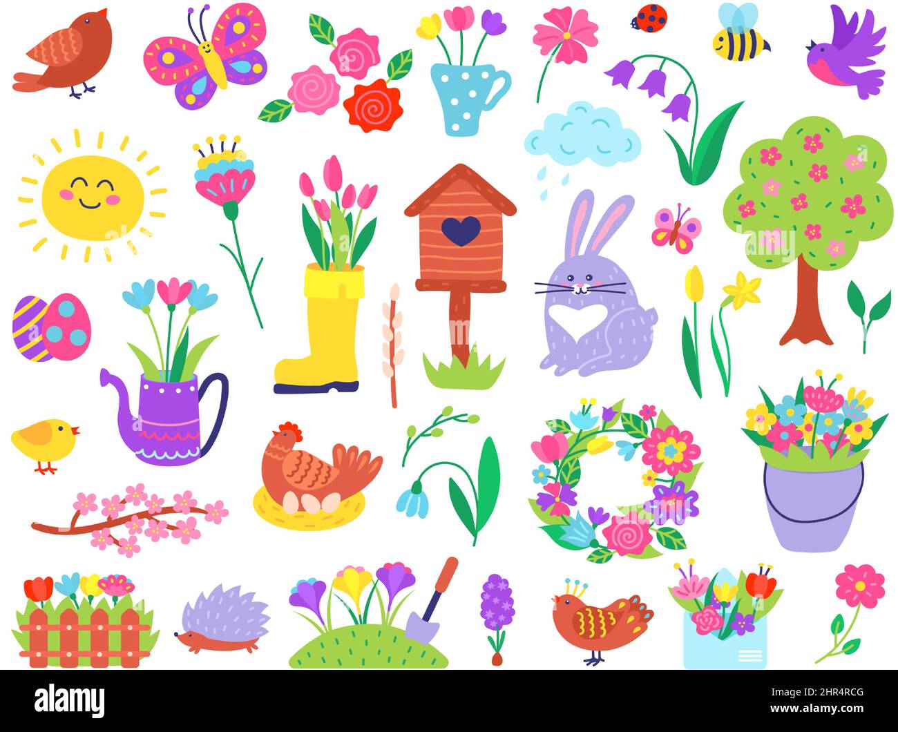 Cute spring doodles, hand drawn easter and springtime elements. Blossom ...