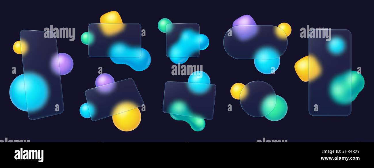 Glassmorphism frame, transparent glass plates with abstract shapes ...