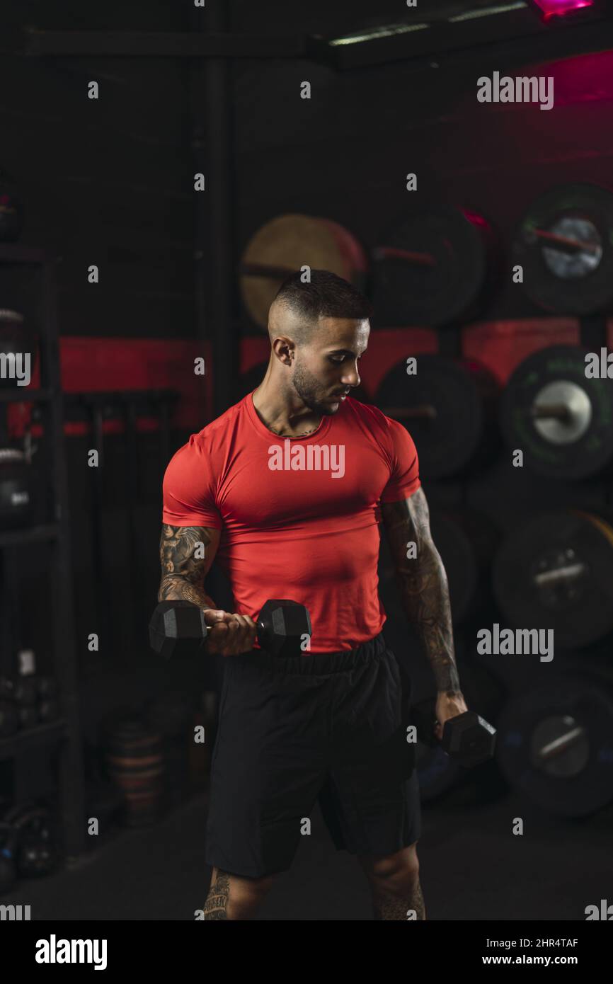 Strong muscular European guy with cool tattoos working out in a gym ...