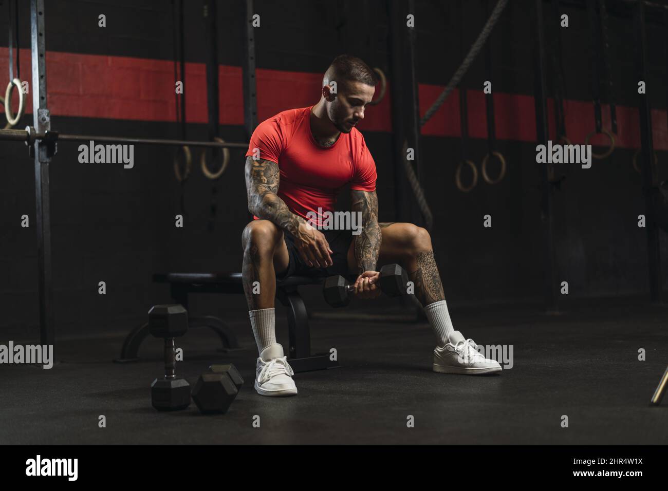 Strong muscular European guy with cool tattoos working out in a gym ...