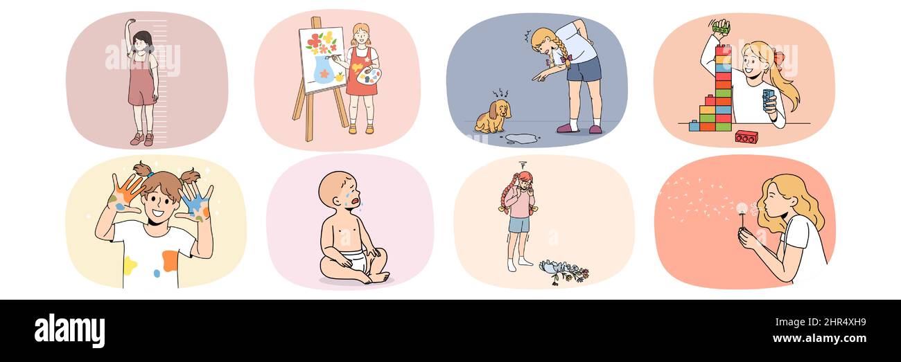 Collection of girls children enjoy free leisure time drawing or playing ...