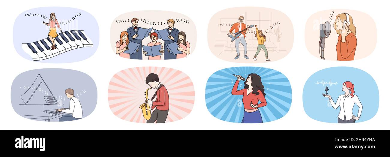 Set of people have fun singing and playing musical instruments ...