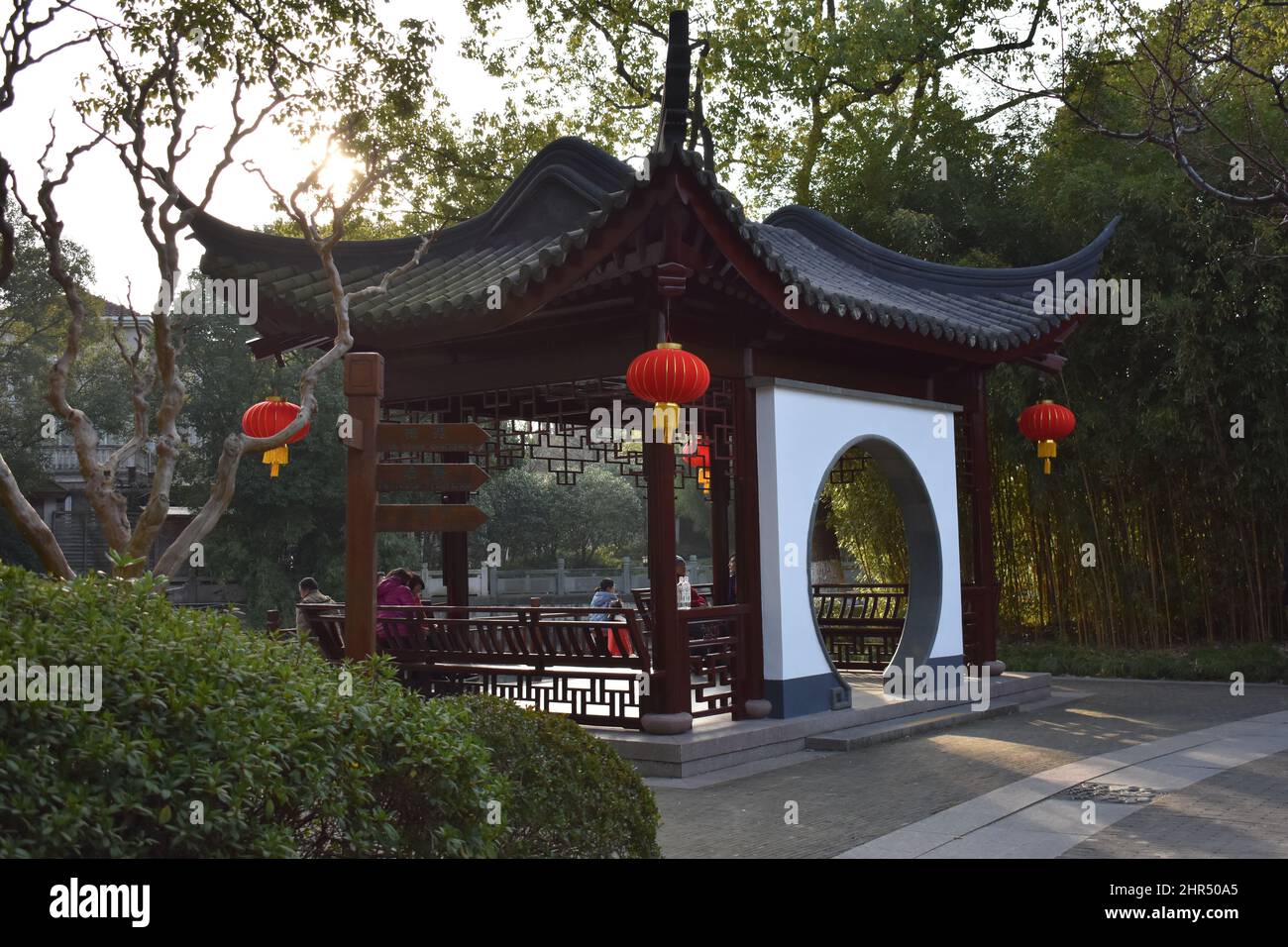 View of a typical cultural Chinese building with red lanterns in the ...