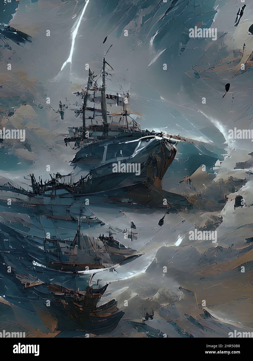 Graphic illustration of sailing ship in the stormy ocean during the ...