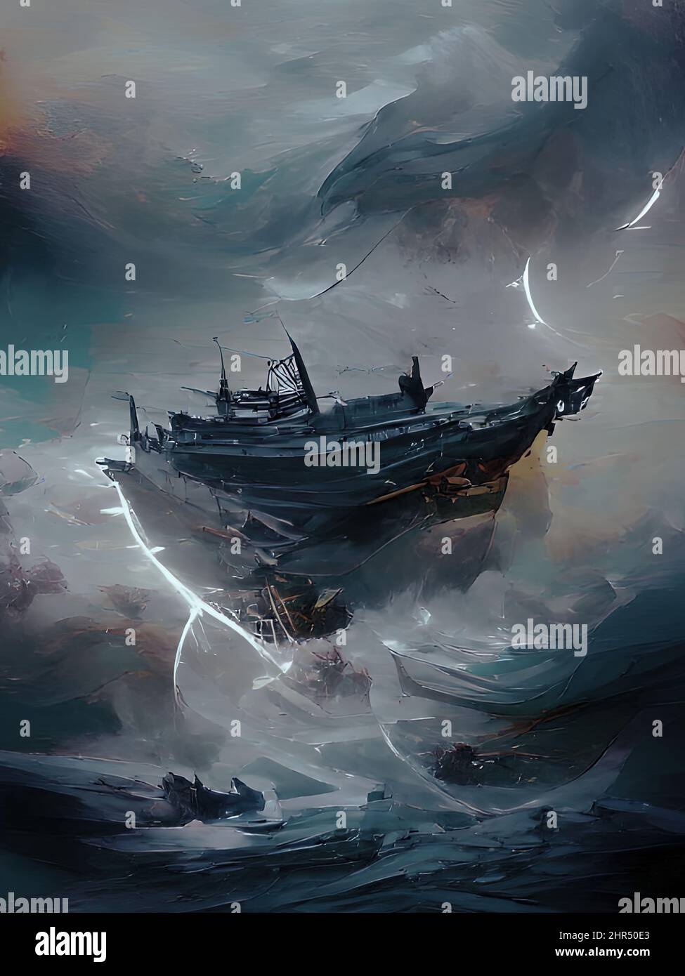 Graphic illustration of a giant ship in the stormy ocean during the ...