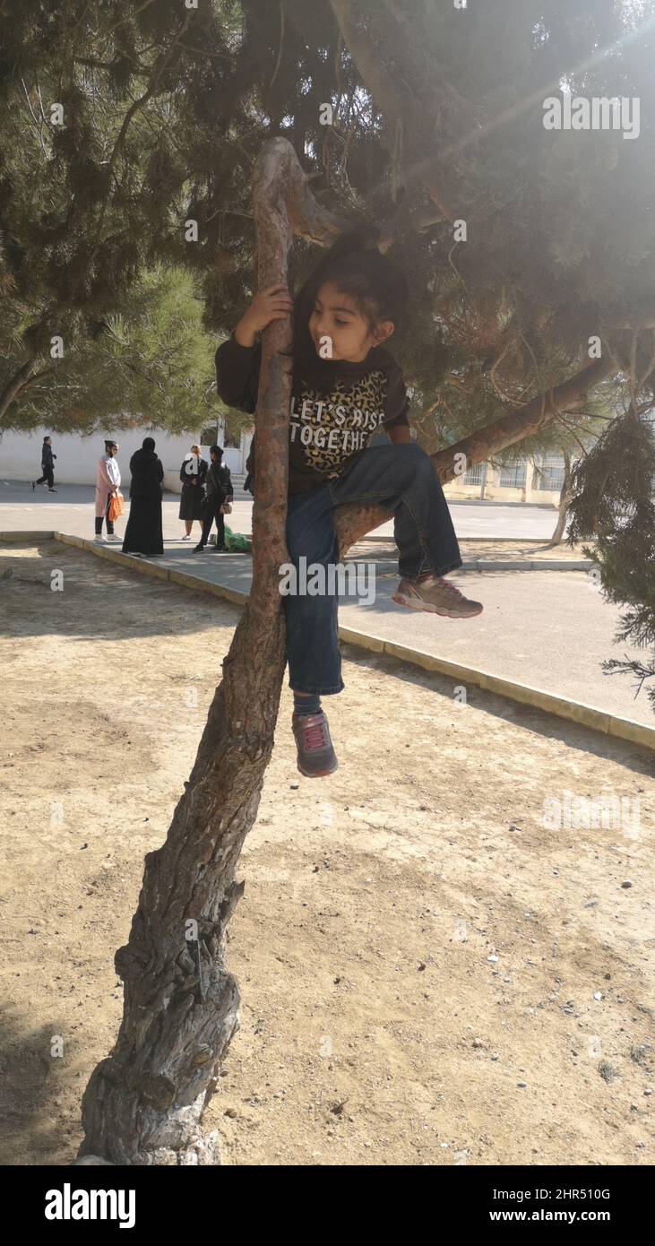Vertical closeup of the little sweet girl sitting on the tree. Baku ...