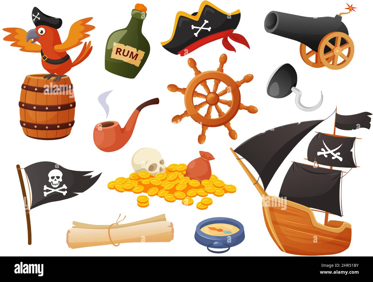 Cartoon pirate elements, parrot, cannon, treasures, sailing ship. Flag ...