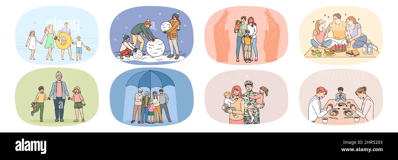 Set of family with children show love and unity in relationships ...