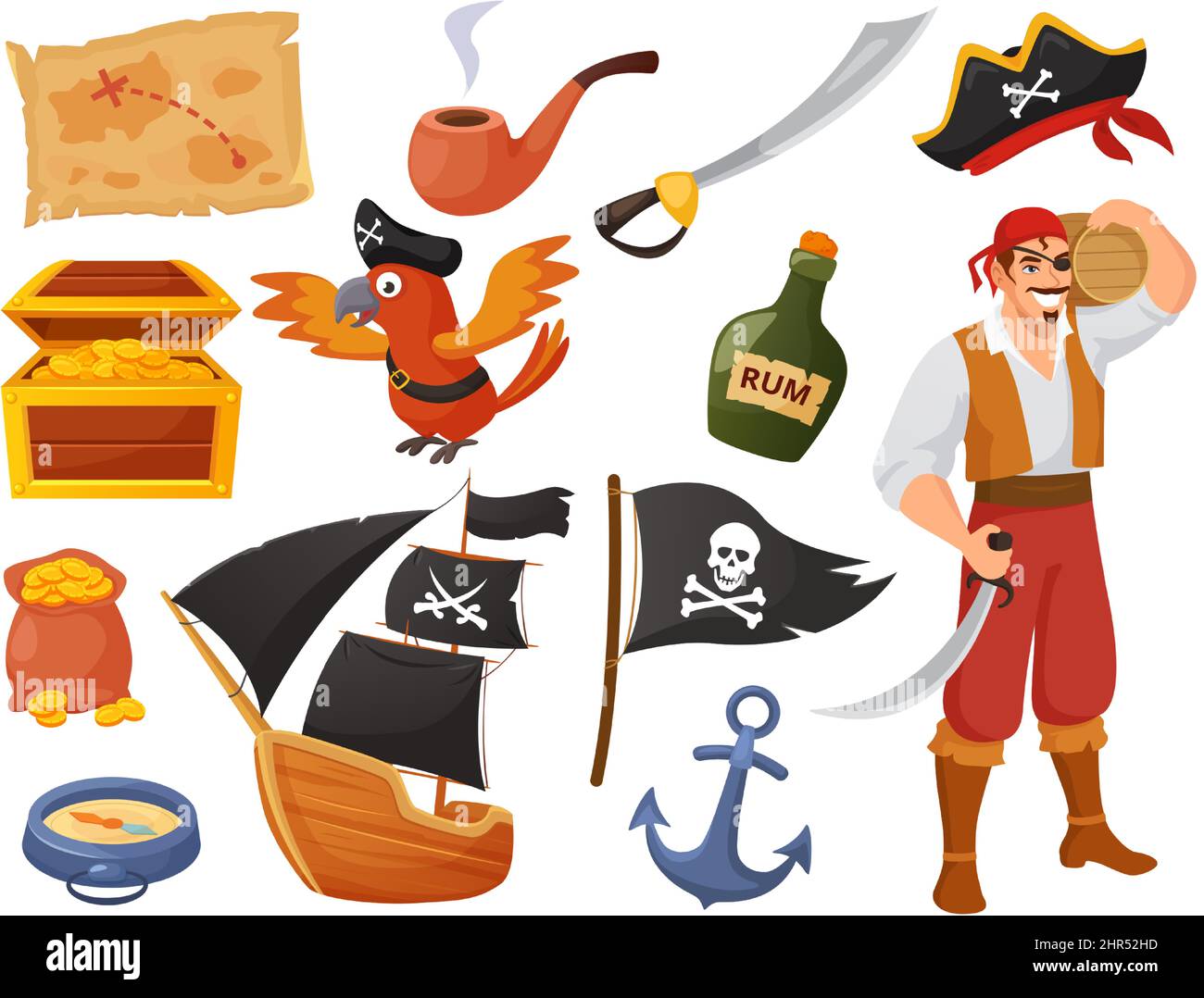 Cartoon pirate character with parrot and ship, treasure map. Sea ...