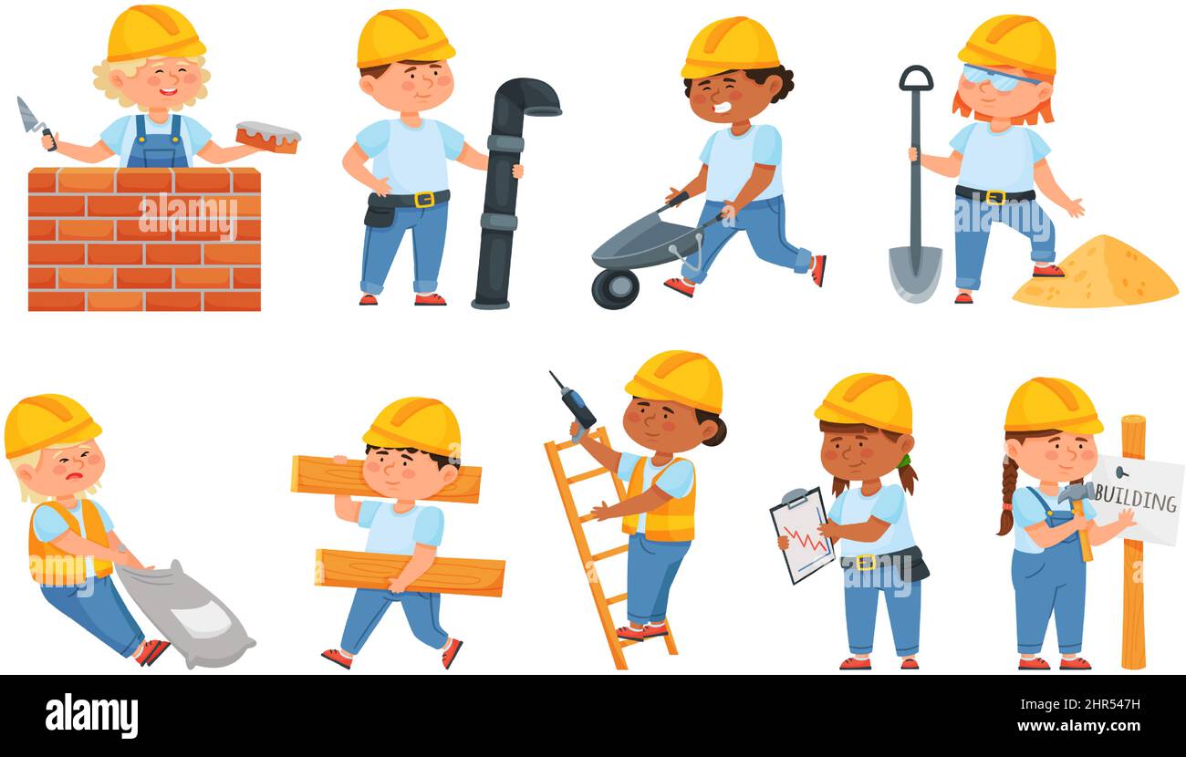 Cute little builders in uniform, kids with construction tools. Cartoon ...