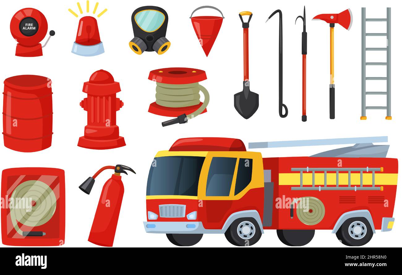 Cartoon firefighter equipment and tools, axe, extinguisher and firehose ...