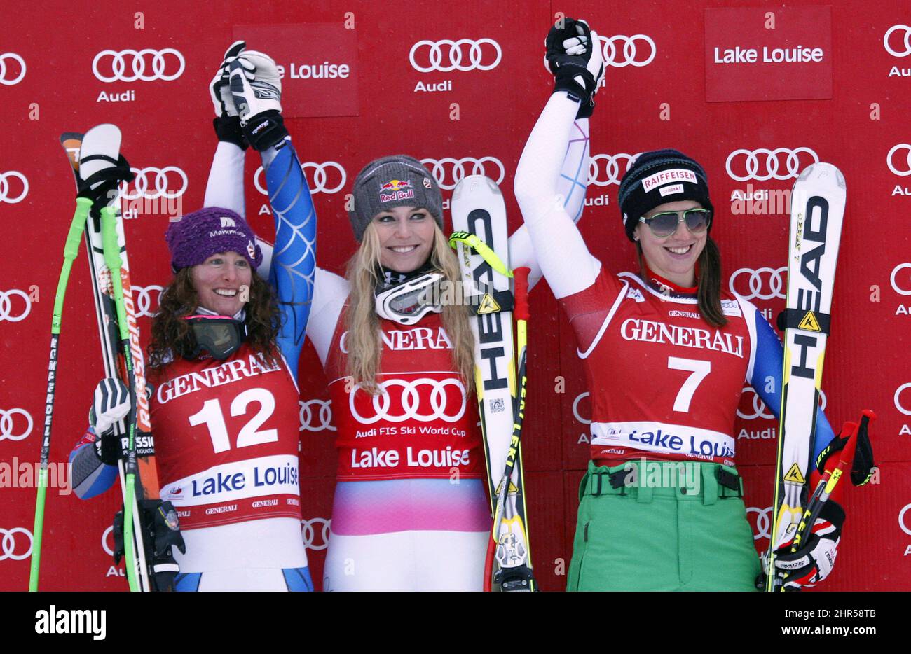 Lindsey Vonn, of the United States, celebrates her win with teammate ...