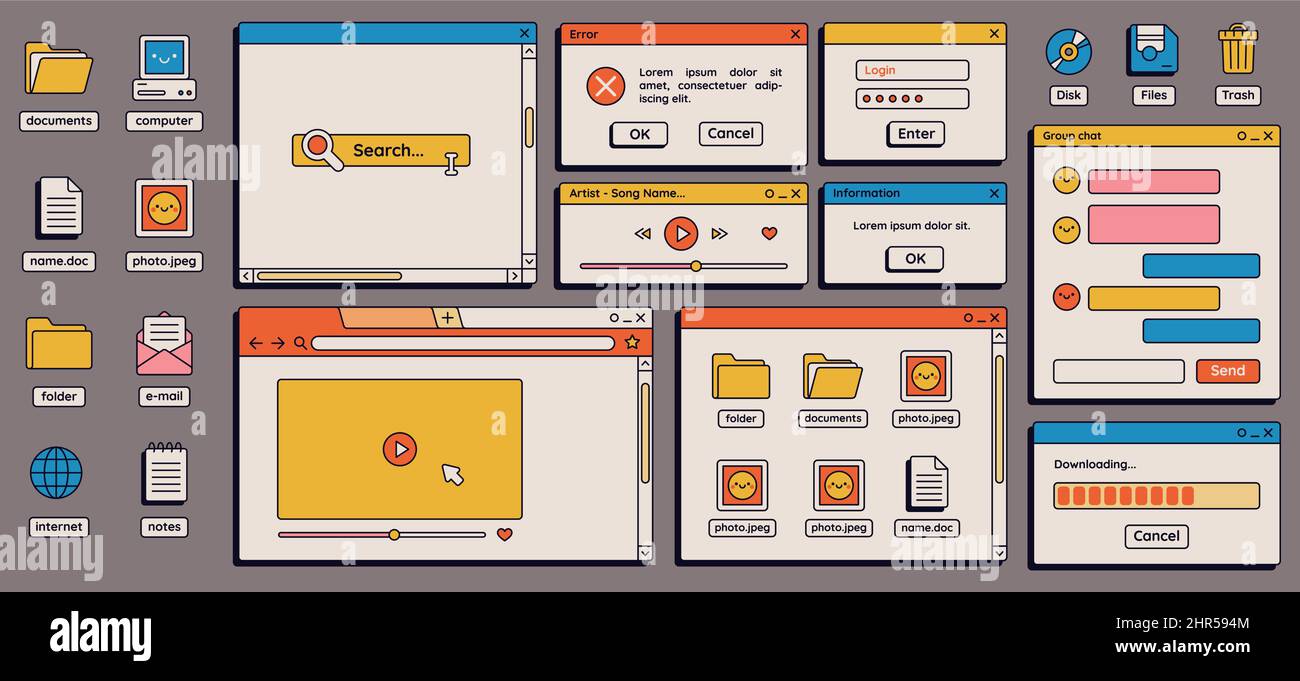 90s retro vaporwave old desktop user interface elements. Cute nostalgic ...