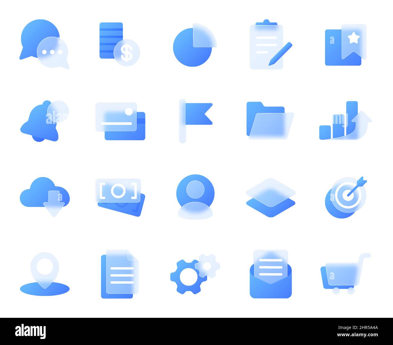 Glassmorphism business strategy icons, transparent blur glass effect icon. Finance management ...