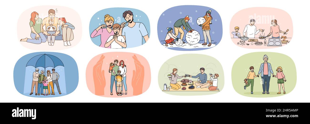 Set of happy young family with children everyday routine activity ...