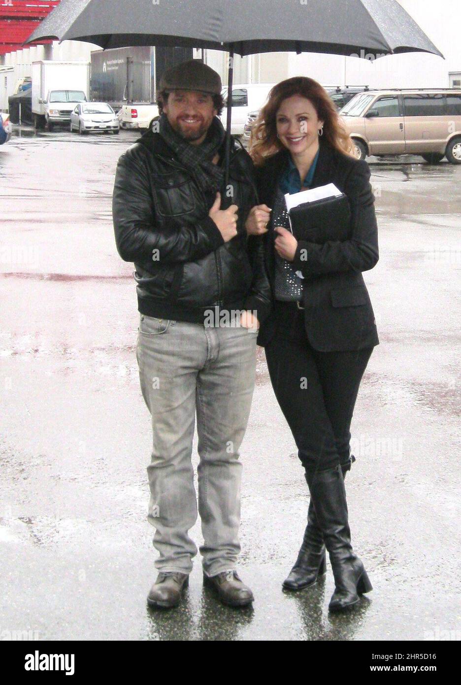 Actor Lauren Holly with co-star Louis Ferreira pose outside their ...